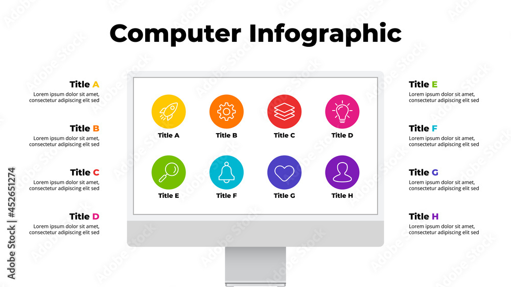 iMac mock up. Infographic slide template. 8 options, parts, steps ...