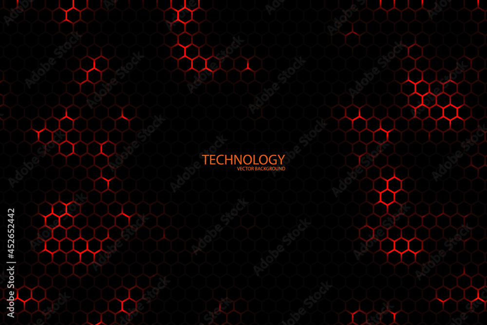Technology hexagonal vector background. Bright red energy blazes under ...