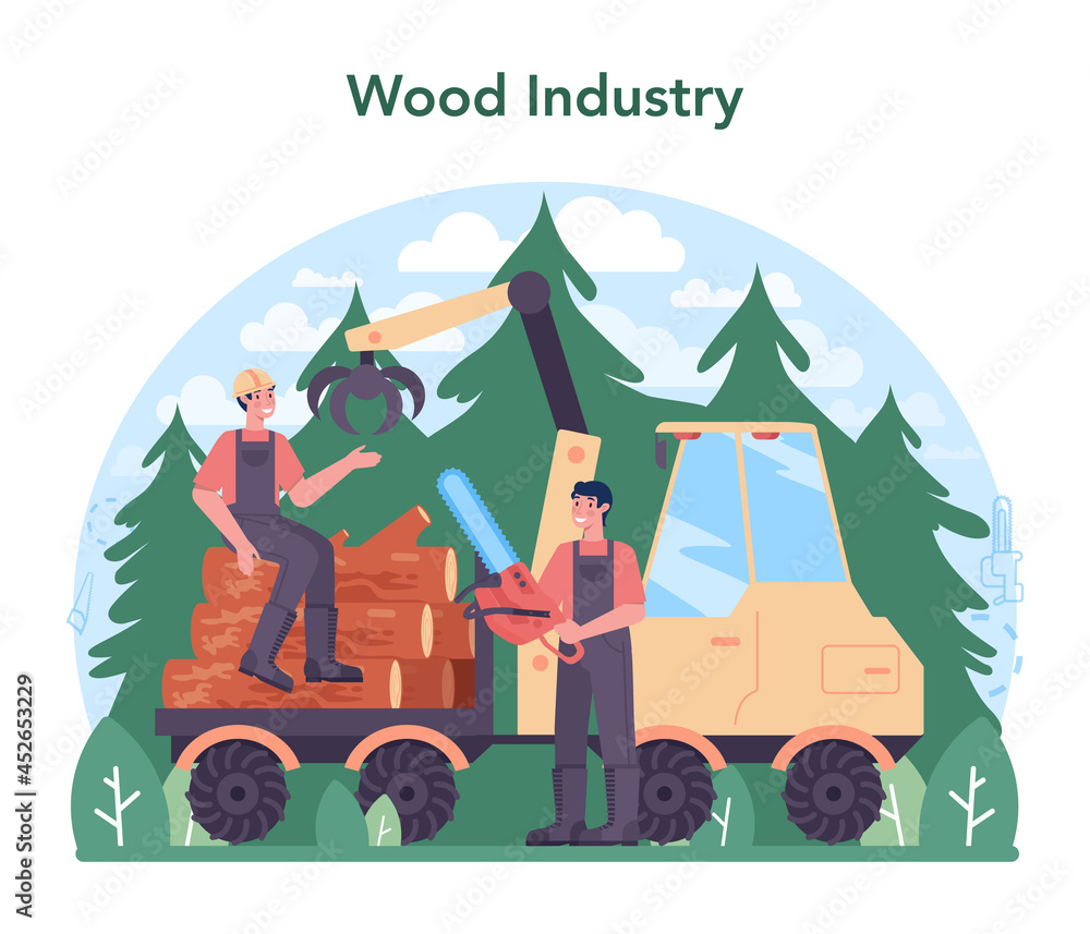 Wood industry and timber production. Logging and woodworking Stock ...