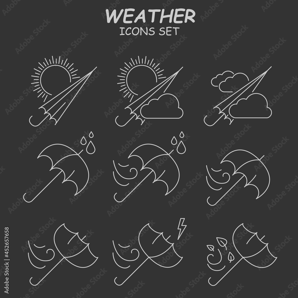 Weather thin line icons set on the black background. Umbrella as the ... Weather thin line icons set on the black background. Umbrella as the ...