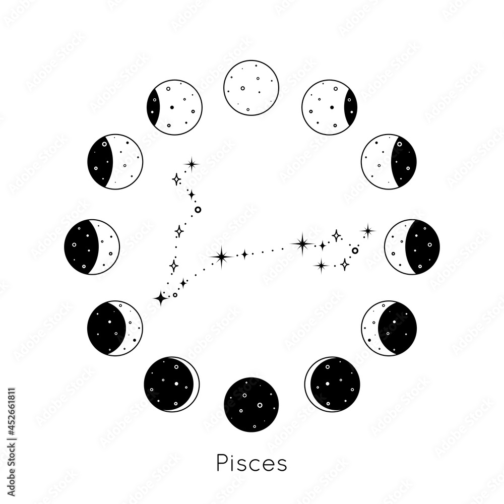 pisces zodiac constellation inside circular set of Moon phases. Black ...