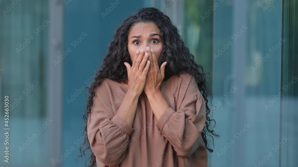 Female portrait outdoors hispanic young scared woman brunette curly ...