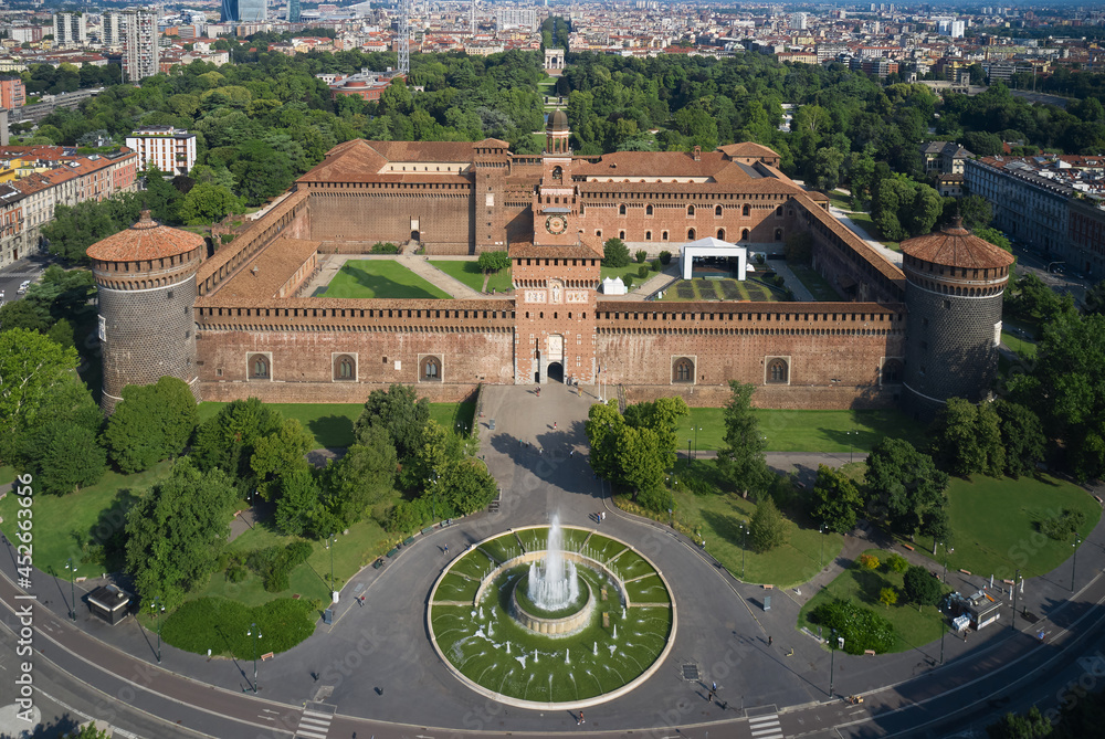 Panoramic top view of Sforzesco castle in Milan Italy. The main Italian ...