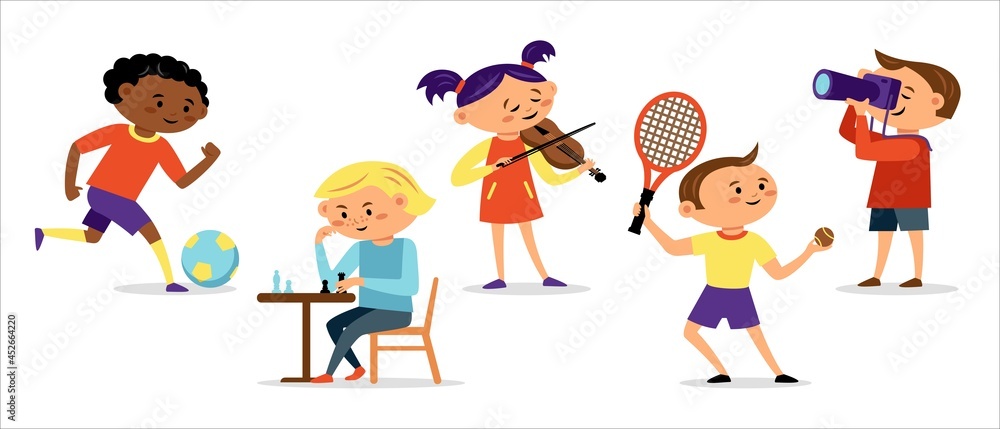 Children different hobbies icon collection with painting, cooking ...