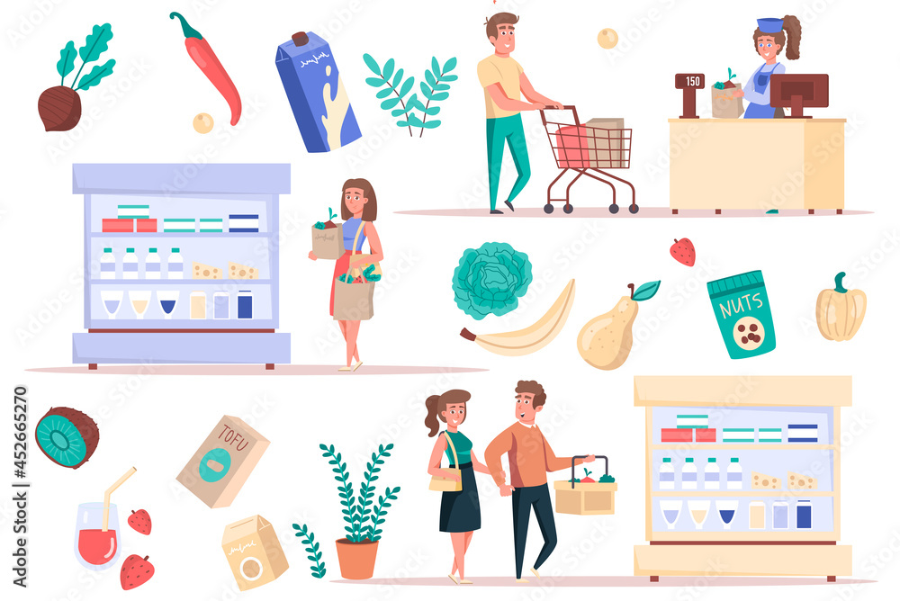 Grocery shopping at supermarket isolated elements set. Bundle of ...