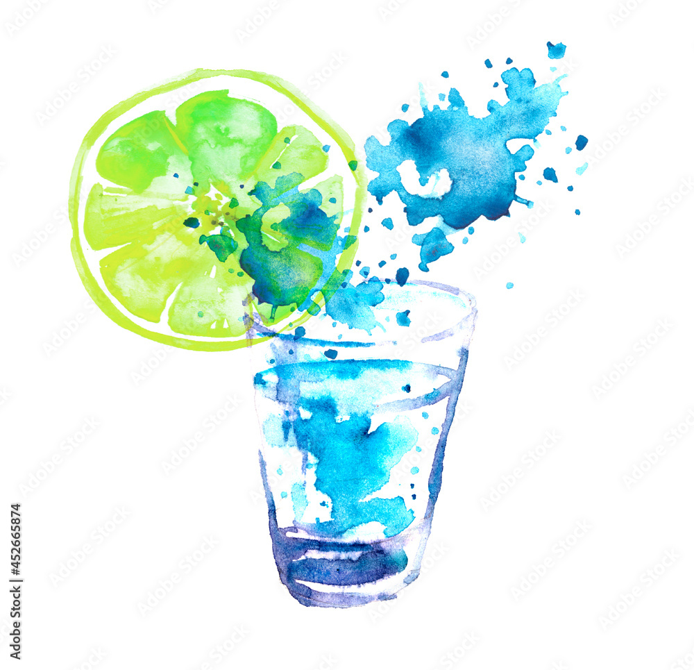 Watercolor drawing, illustration. A glass of vodka, a cocktail, an ...