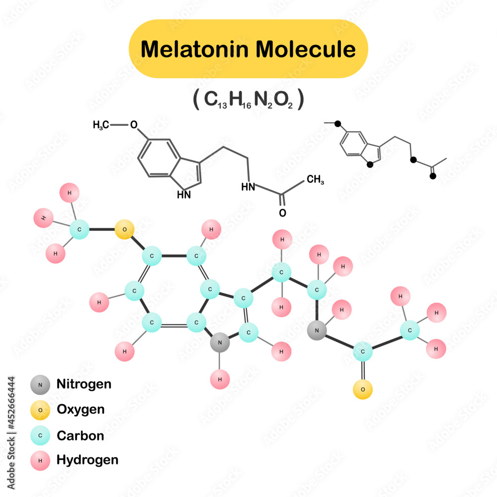 Structure of melatonin molecule on white background.Isolated model chemical,education,science ...