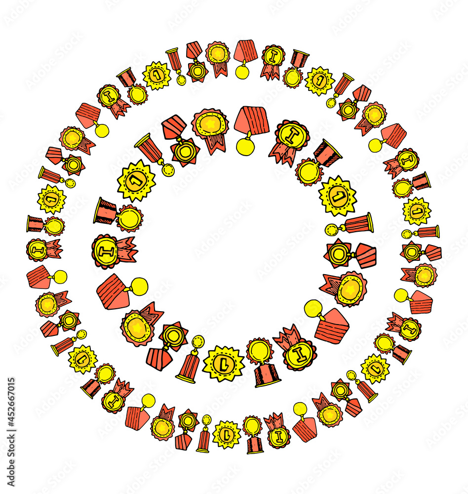 Vector template of a round shape made of gold medals.The set is a frame ...