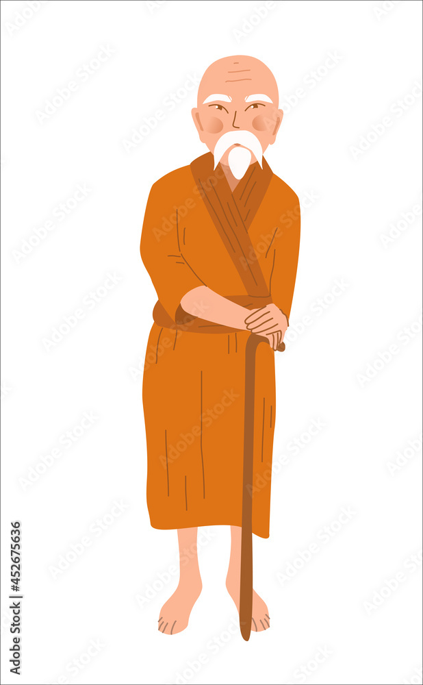 Illustration of an old monk with a cane in his hand. A wise old man ...