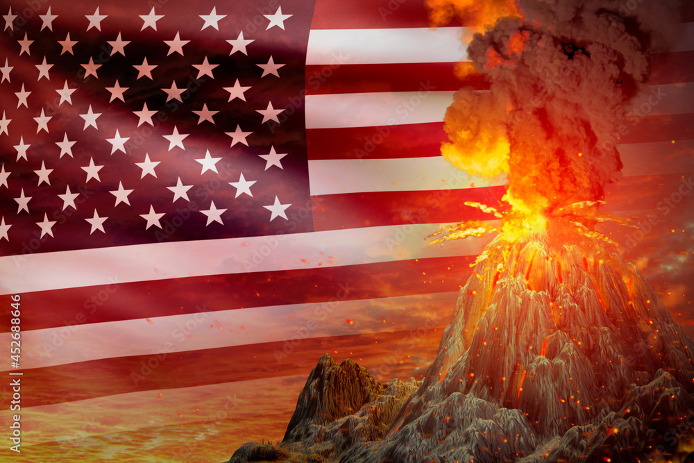 high volcano blast eruption at night with explosion on USA flag ...