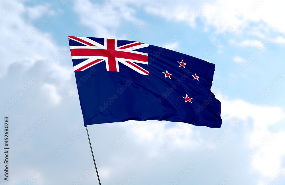 Flag of New Zealand, realistic 3d rendering in front of blue sky Stock ...
