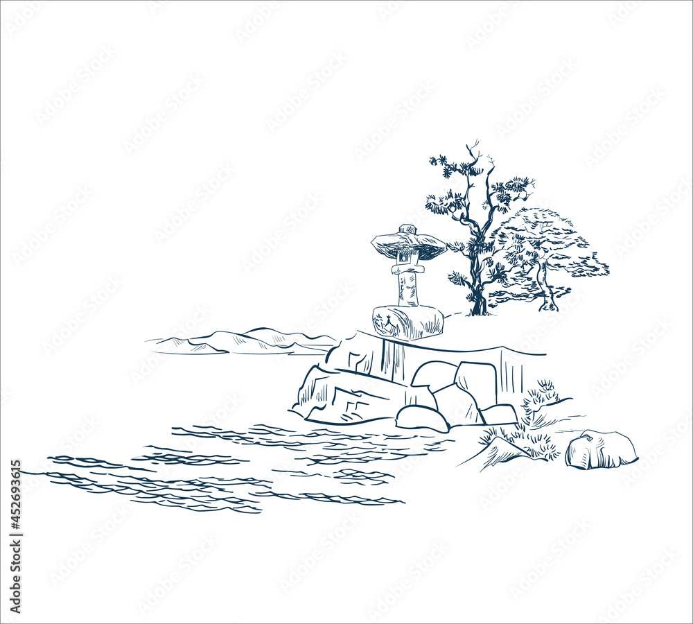 mountains nature landscape view vector sketch illustration japanese ...