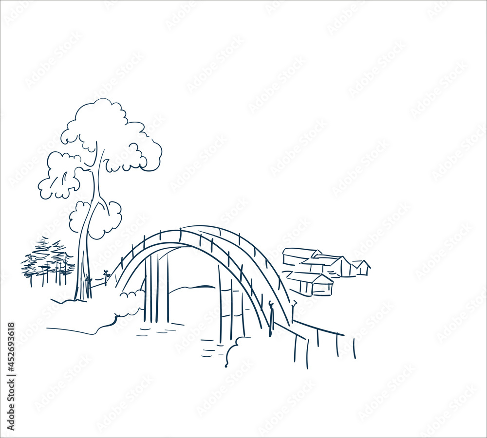 bridge nature landscape view vector sketch illustration japanese ...