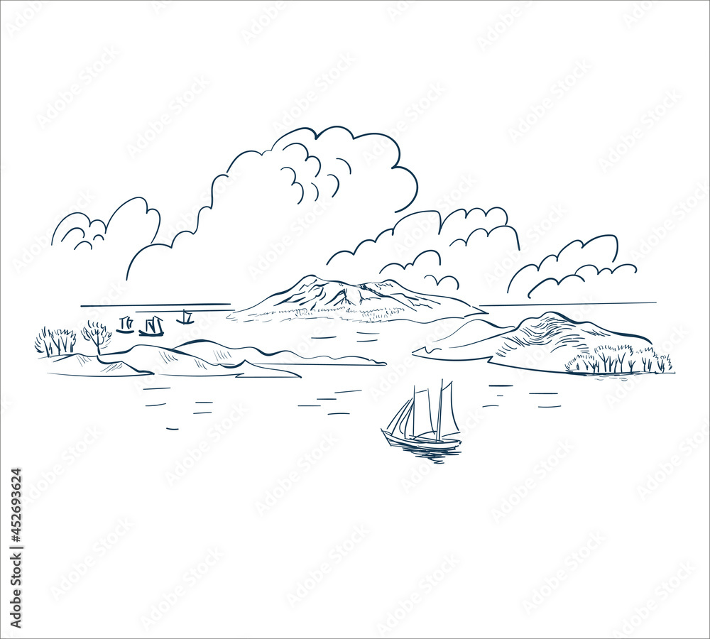 sea islans nature landscape view vector sketch illustration japanese ...