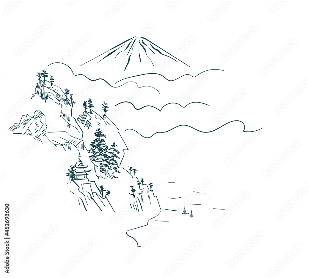 fuji mountains nature landscape view vector sketch illustration ...