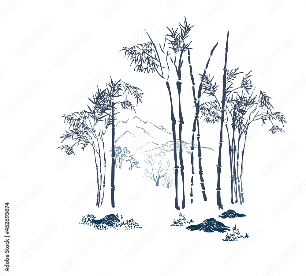 bamboo forest mountains nature landscape view vector sketch ...