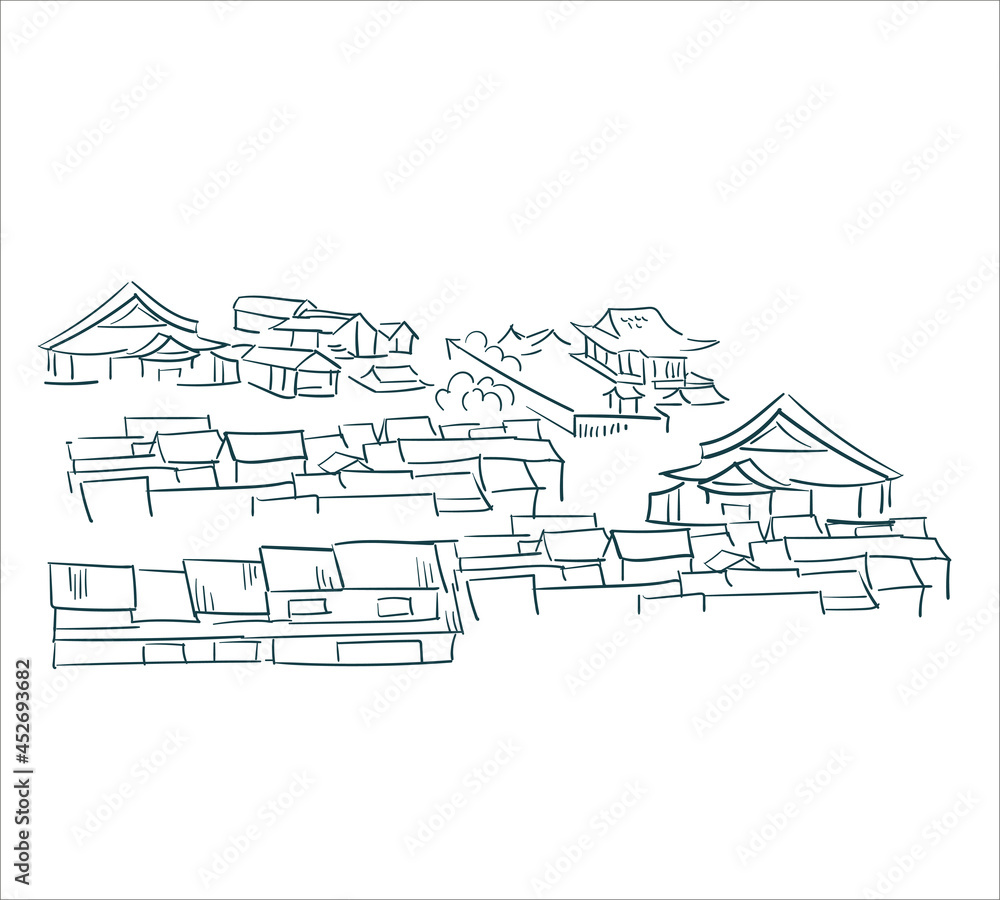 village buildings nature landscape view vector sketch illustration ...