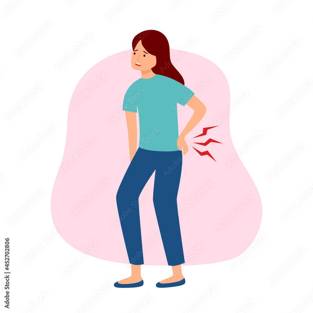 Young woman having low back pain in flat design. Backache symptom ...