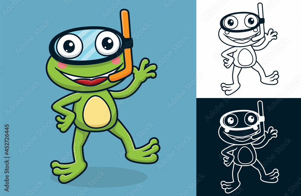 Funny frog wearing diving mask. Vector cartoon illustration in flat ...