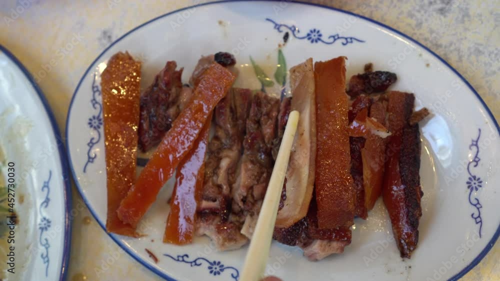 Chopsticks suckling pig bbq pork plate in Hong Kong Chinese delicacy ...