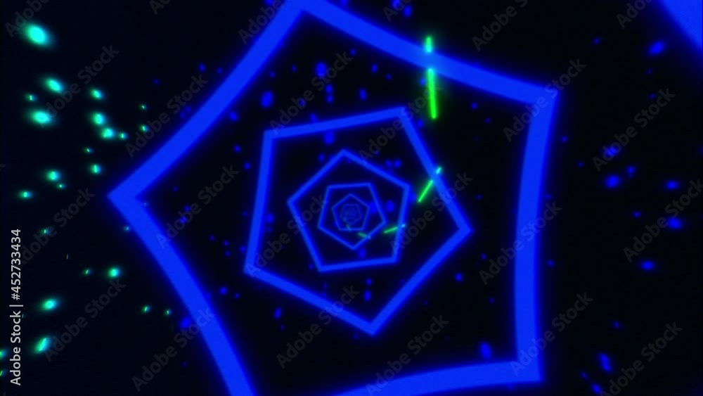 Flying through tunnel of red neon glowing pentagons with particles ...