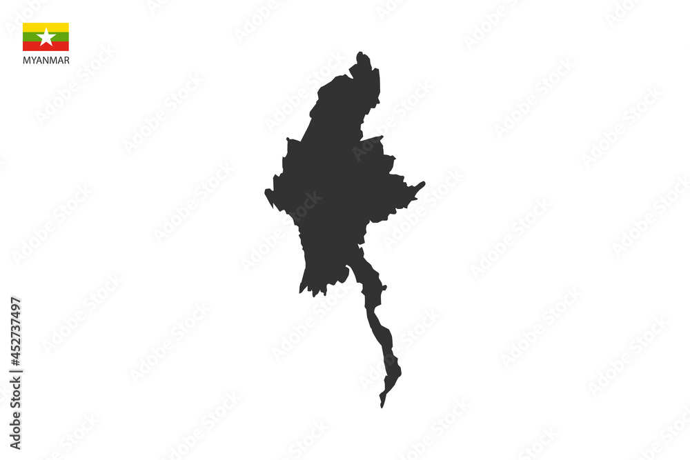 Myanmar black shadow map vector on white background and country flag ...