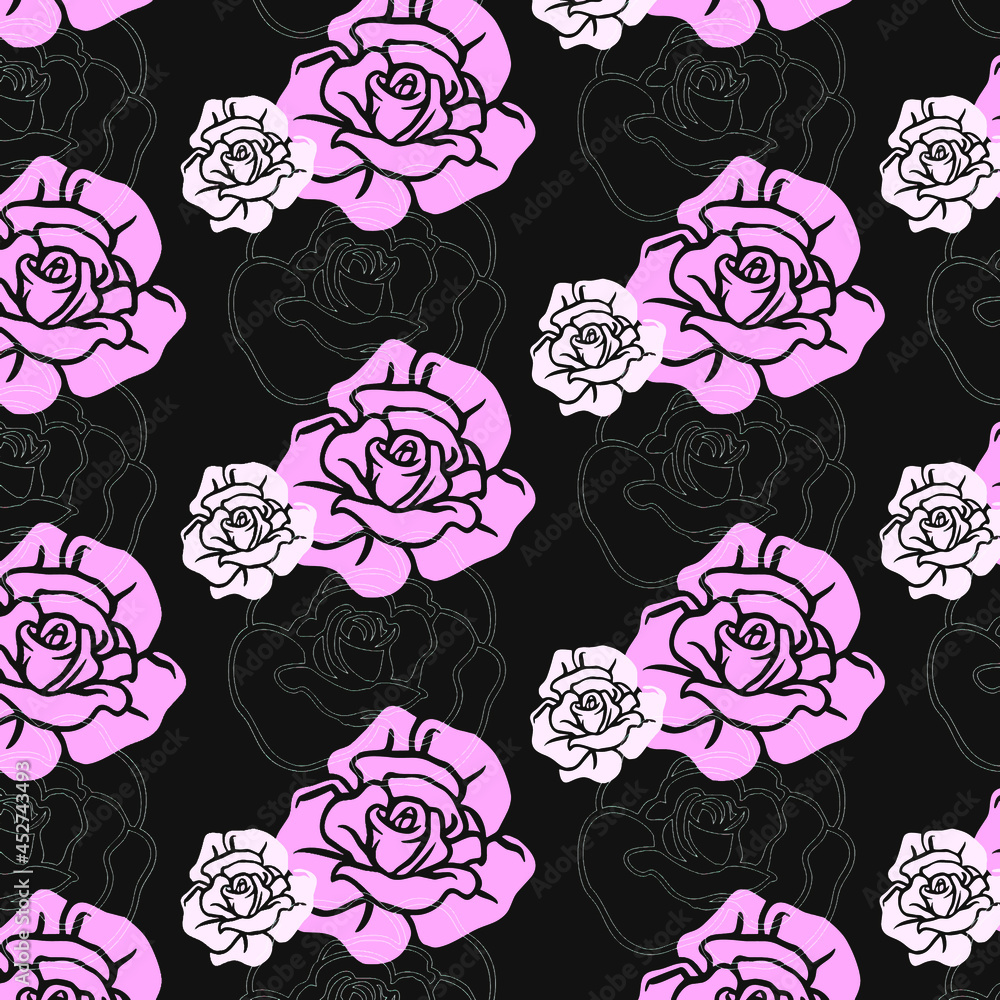 Floral pattern in 60s and 70s style. Pink Roses on a dark background ...