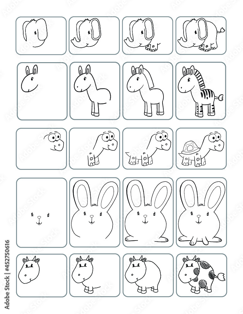 Cute Animals How to Draw Worksheet Page Vector Illustration Art Stock ...