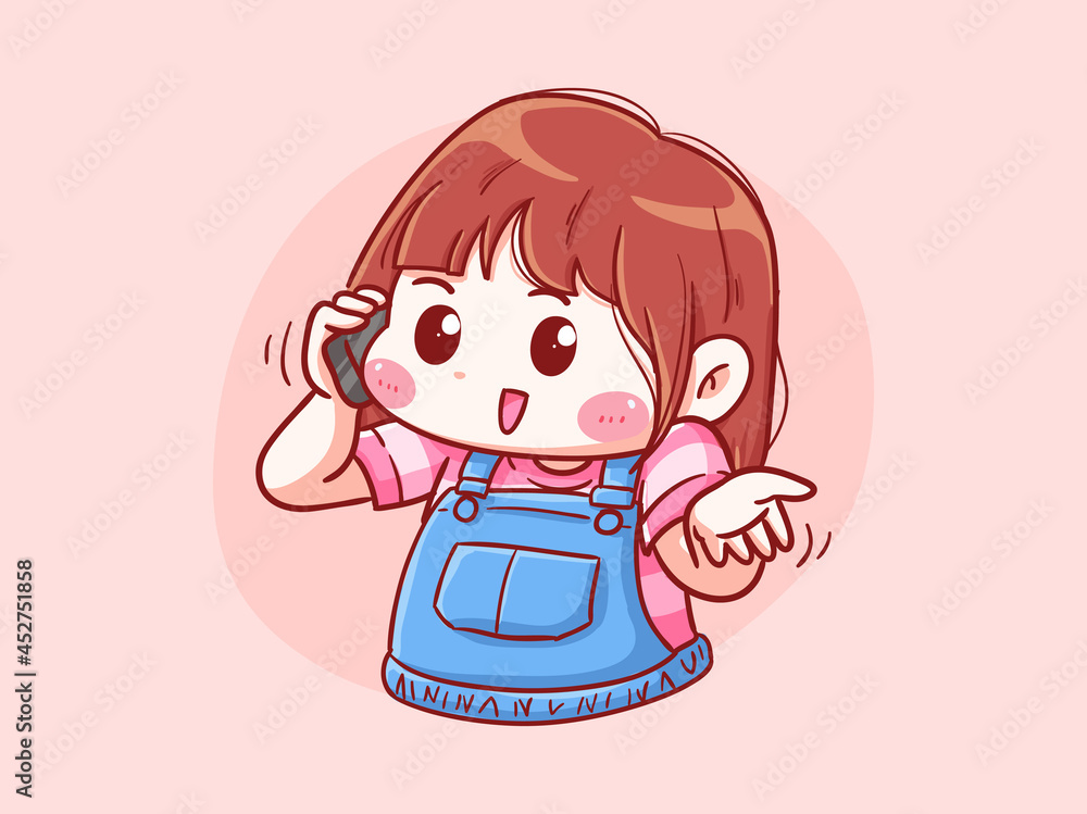 Cute and kawaii Girl talking on a phone Manga Chibi Illustration Stock ...