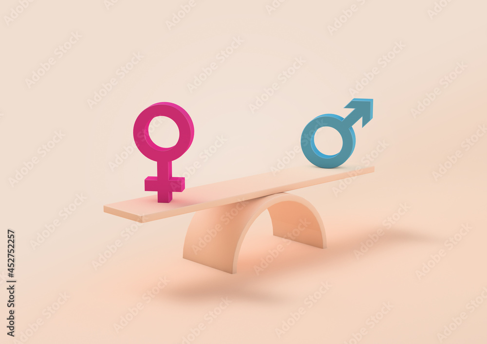 Man and woman sign on a scale, concept of gender equality. 3d rendering ...