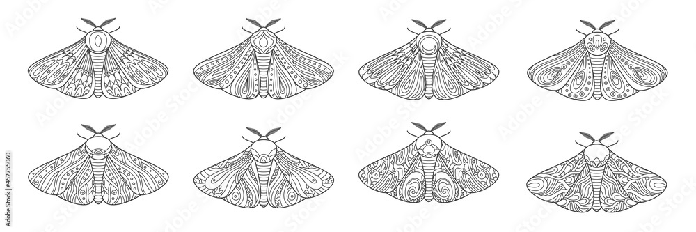Collection of decorative fantastic moth. Wings covered with ornaments ...