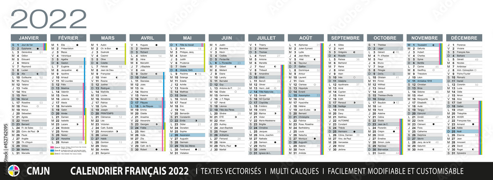 Vetor de Calendrier français 2022 avec vacances scolaires, saints du ...