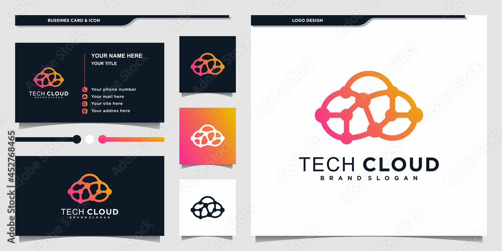 Tech cloud logo design inspiration with luxury line art shape and business card Premium vektor ...