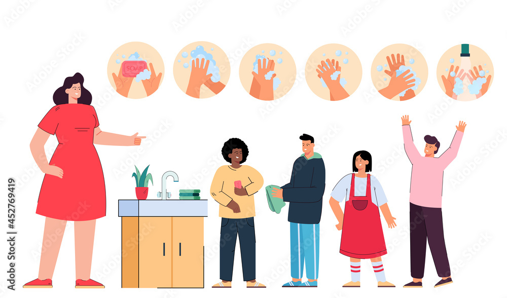Female cartoon teacher teaching kids hand washing steps. Kids washing ...