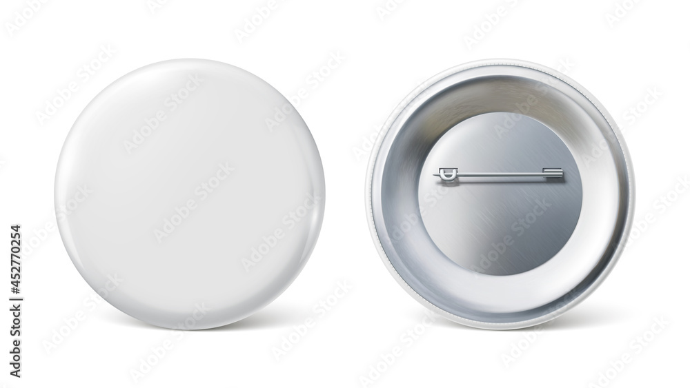 Pin badge mockup. White round badge on metal pin realictic vector ...