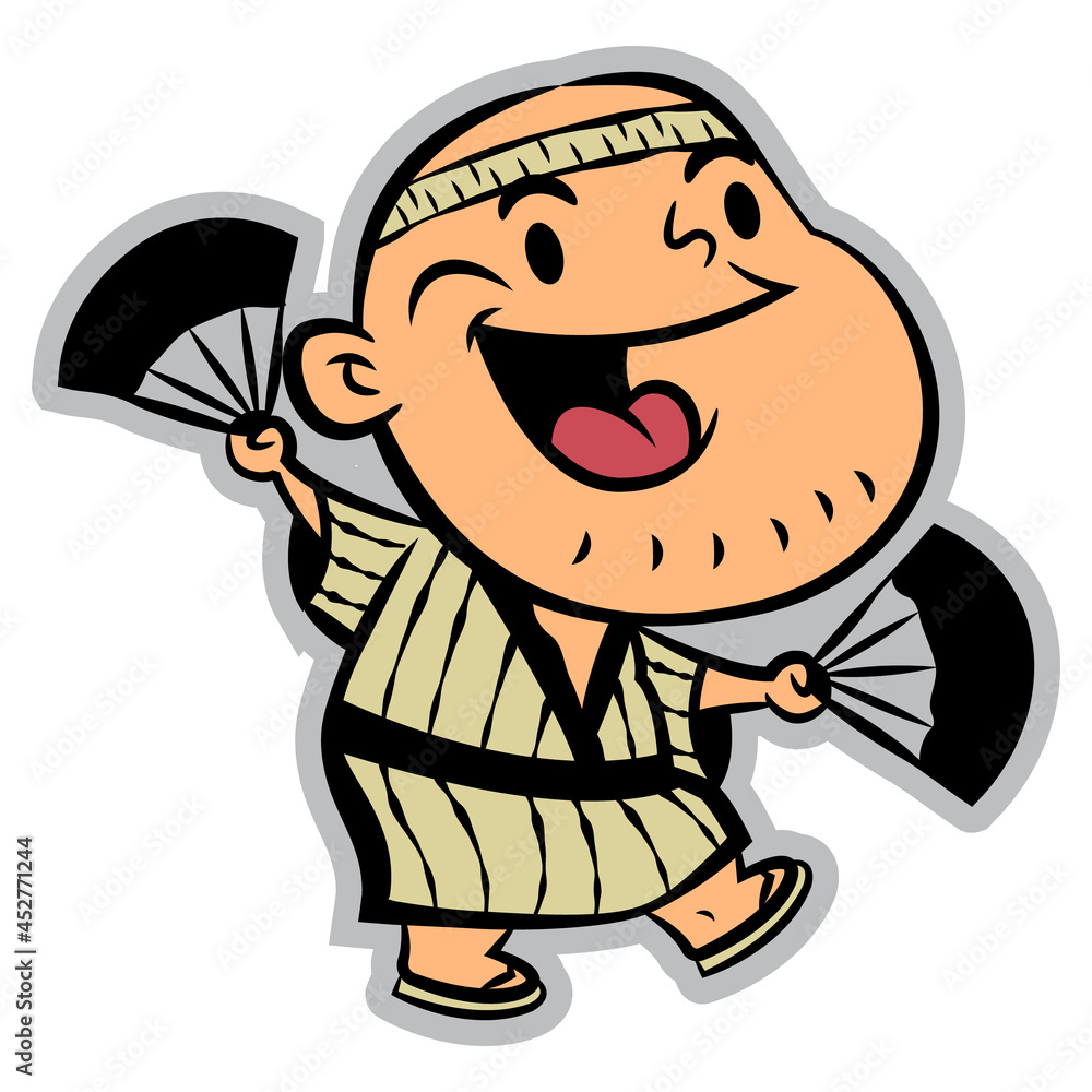 Cartoon Illustration of japanese man dancing and cheering with folding ...
