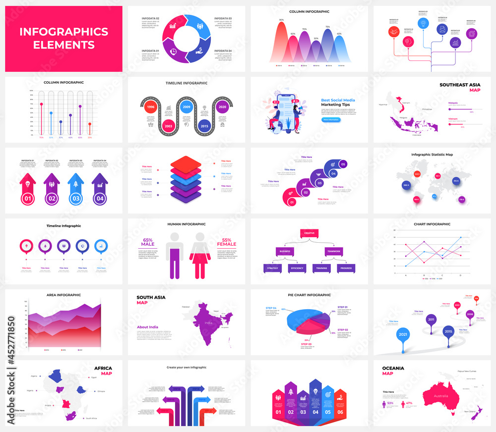 Set of infographic presentation slides. Road, pie chart, cycle, maps ...
