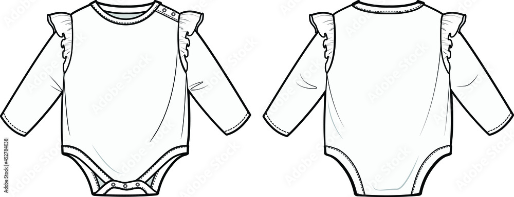 Baby Girl's Romper Bodysuit Front and Back View fashion illustration ...