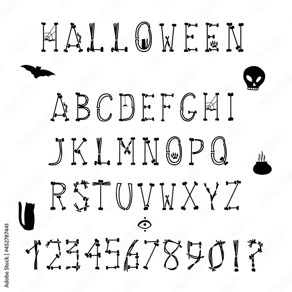 Halloween scary letters numbers icons alphabet made of bones sticks ...