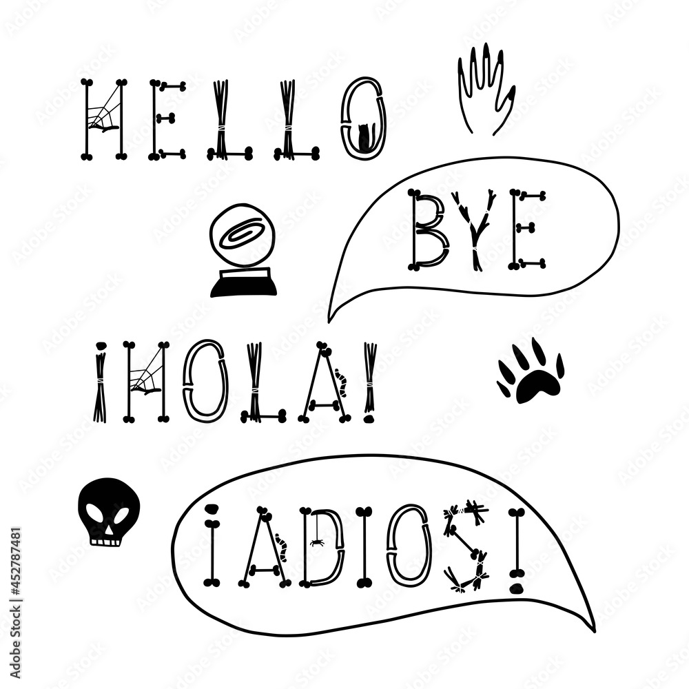 Halloween funny scary lettering phrase hello hola bye adios icons made ...
