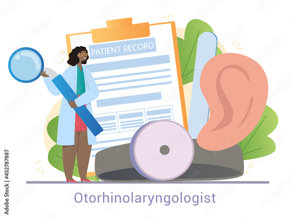 Young female otorhinolaryngologist is standing with medical equipment ...