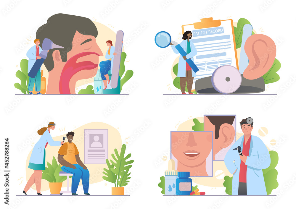 Set with otorhinolaryngologist and patients on white background ...