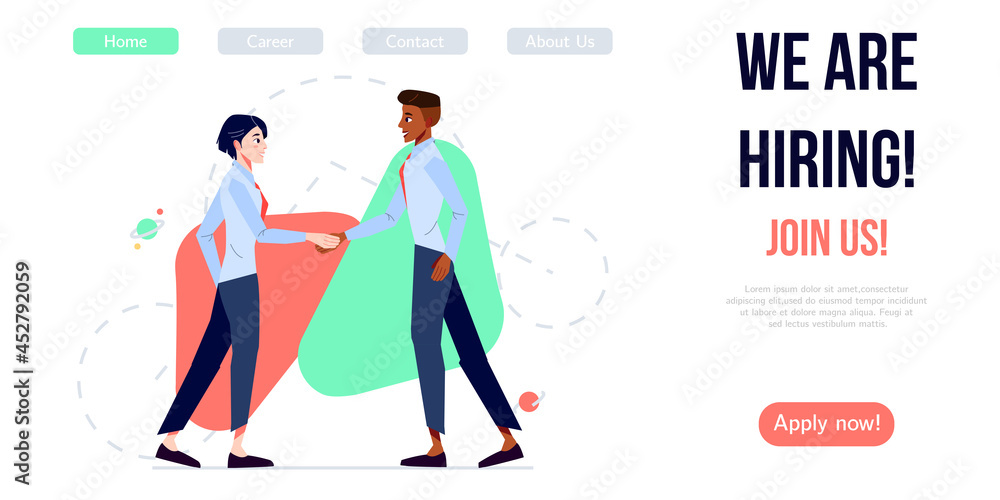 We are hiring banner design. Job vacancy vector poster. People shake ...