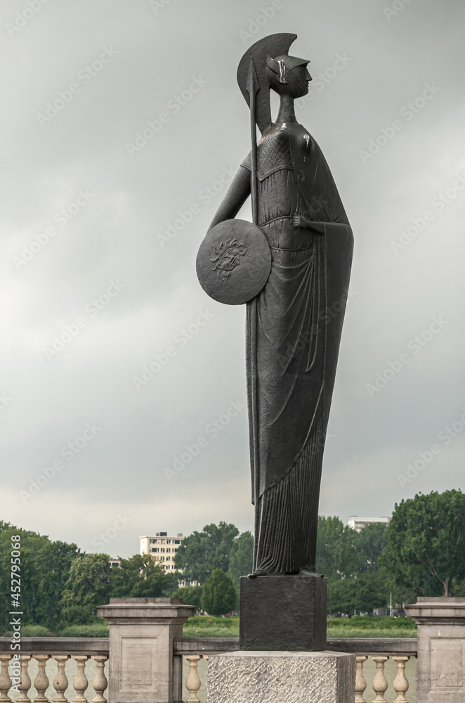 Antwerpen, Belgium - August 1, 2021: Dark bronze goddess Minerva statue ...