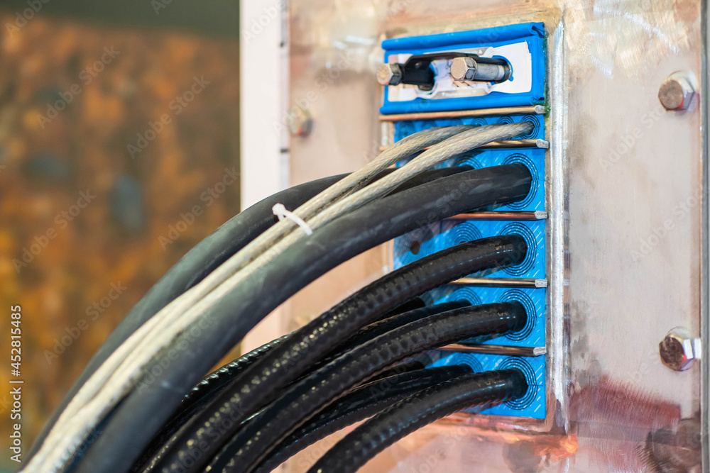 Electrical cords in fire panel. Flame stopping panel. wires are ...