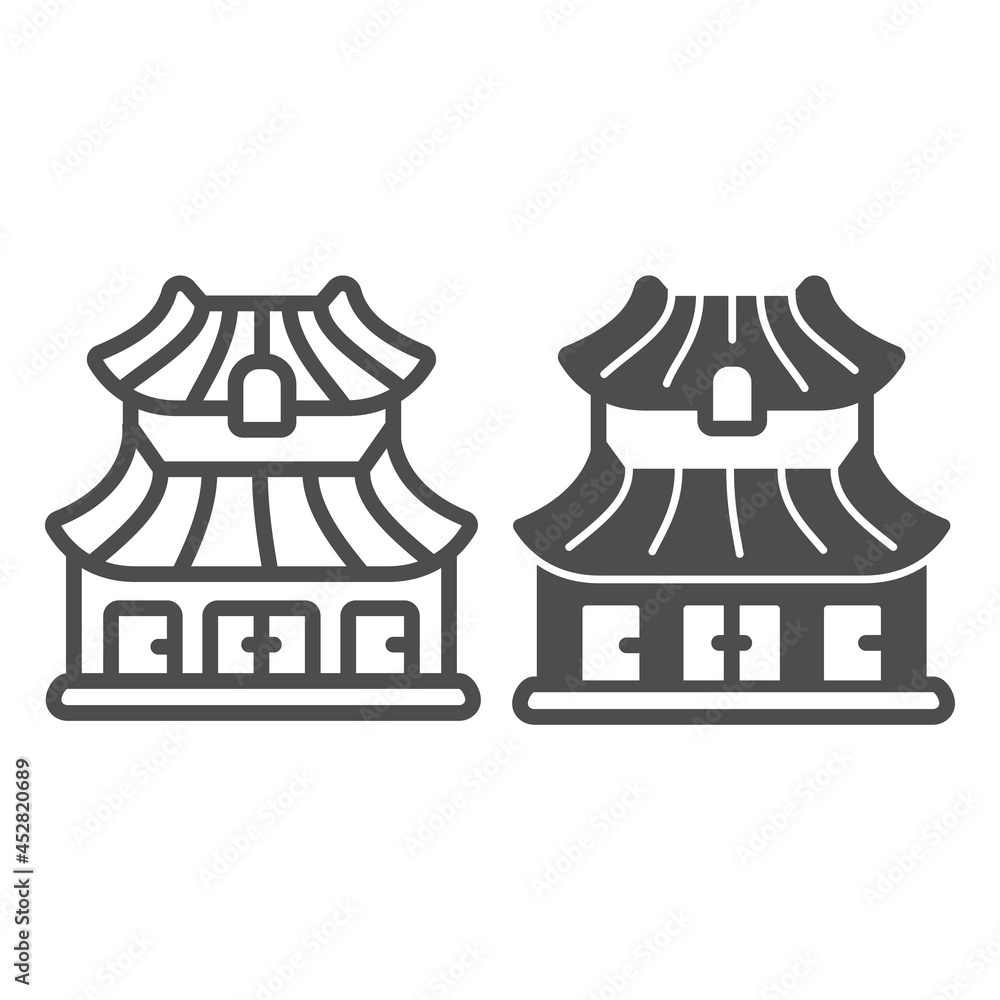 Classic Japanese dwelling house building line and solid icon, asian ...