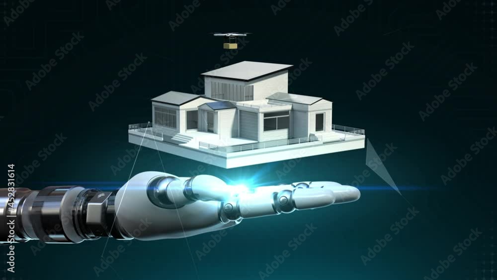 Robot spread hands. Explaining drone delivery to home for delivery and ...