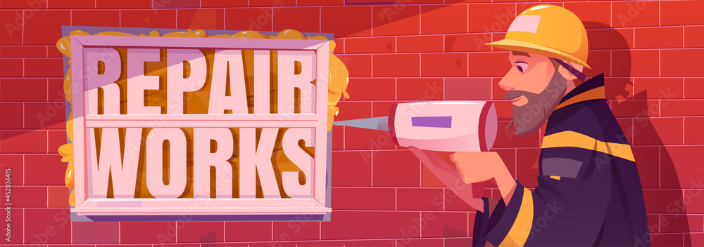 Repair works cartoon ads banner. Handyman filling brick wall gaps with ...