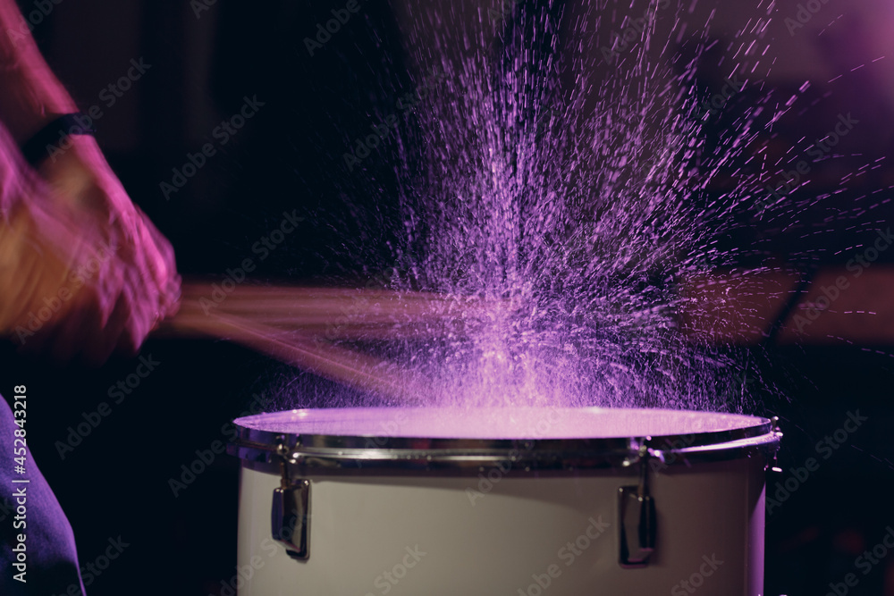 Close up drum sticks drumming hit beat rhythm on drum surface with ...
