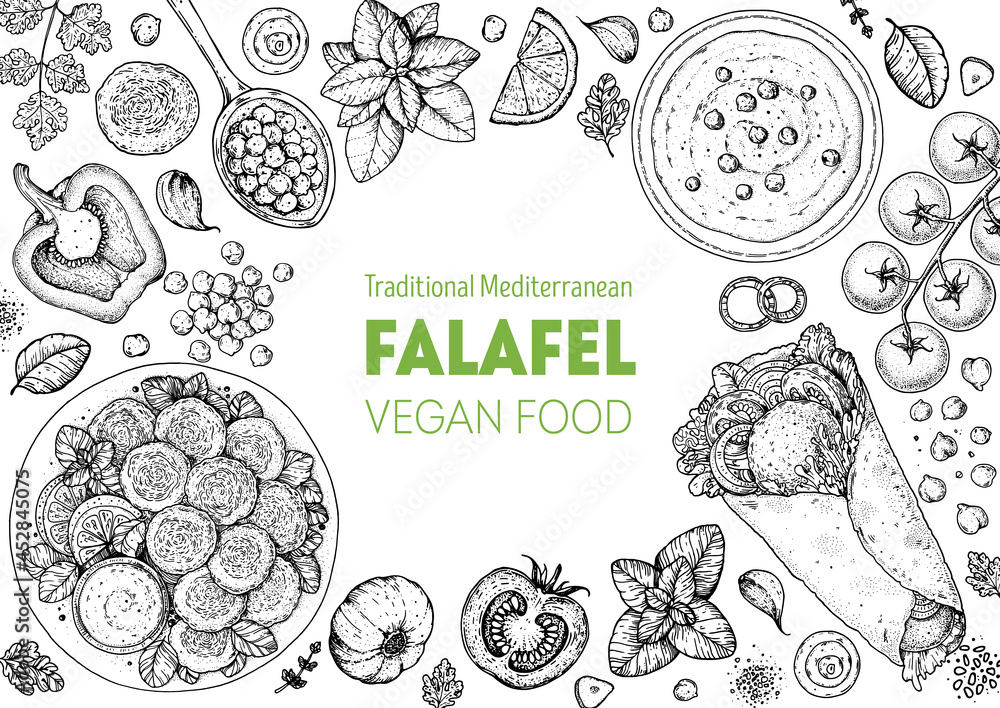 Falafel cooking and ingredients for falafel, sketch illustration ...